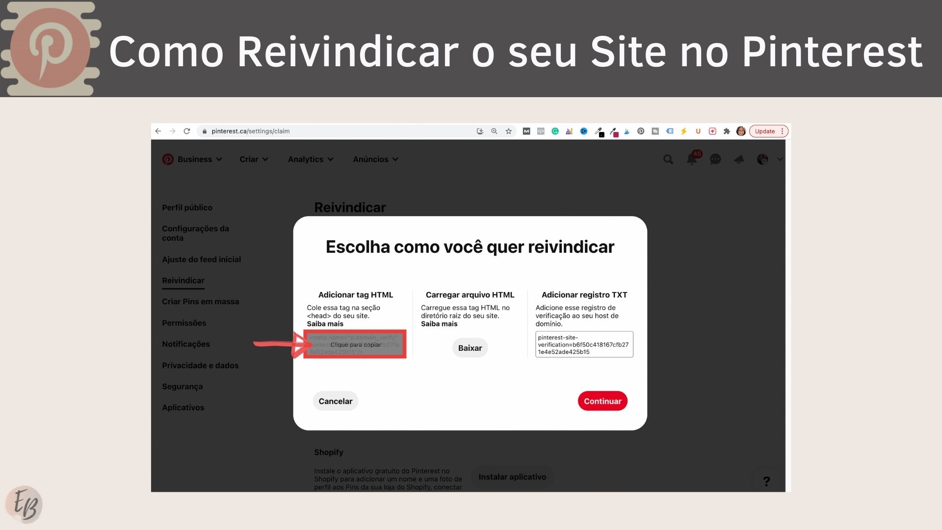 Como reivindicar o seu WebSite Wordpress no Pinterest